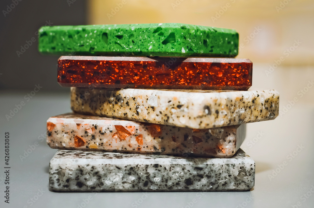 Stockfoto med beskrivningen close up swatch of artificial stone samples ...