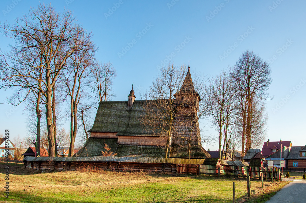 Debno, Poland. Medieval wooden Gothic church of the Saint Archangel ...