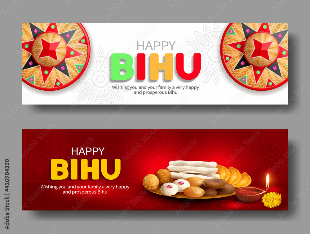 Greeting banners with japi (bamboo hat) and traditional sweets: ladoo ...