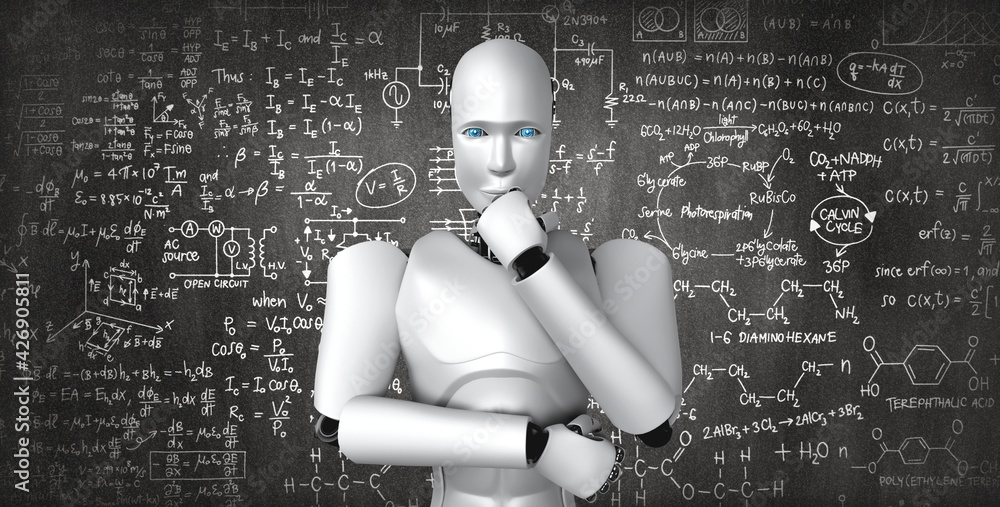 Thinking AI humanoid robot analyzing screen of mathematics formula and ...