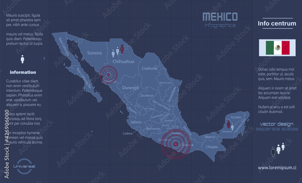 Mexico map, separate regions with names, infographics blue flat design ...
