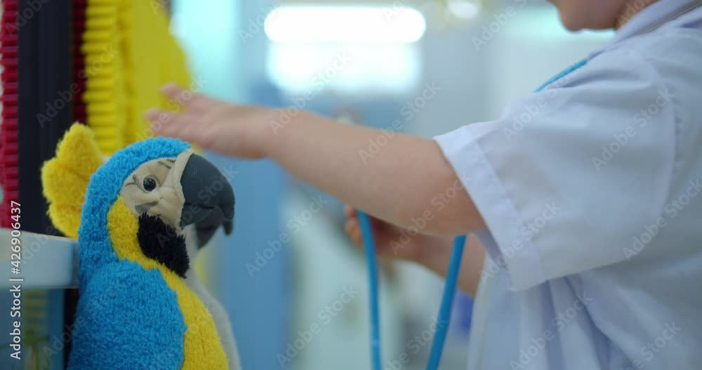 Cute preschool boy kid wearing white medical uniform,listening to pets ...