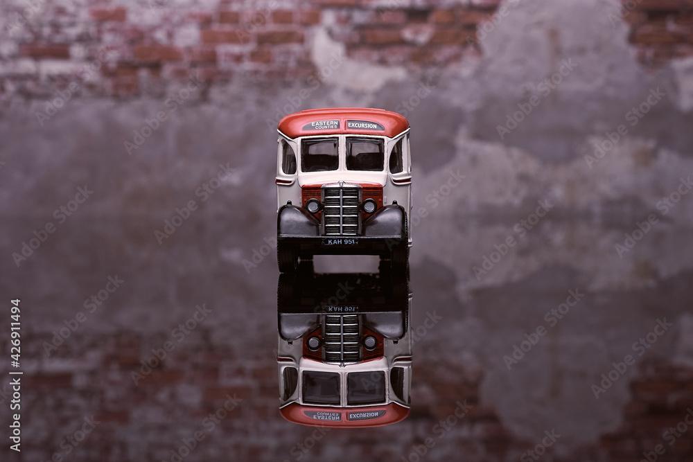 Front View Of Old Bus With Brick Wall Background Stock Photo | Adobe Stock