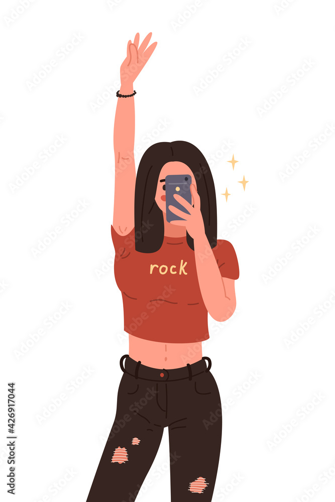 Girl taking a selfie. Vector flat cartoon illustration on white ...