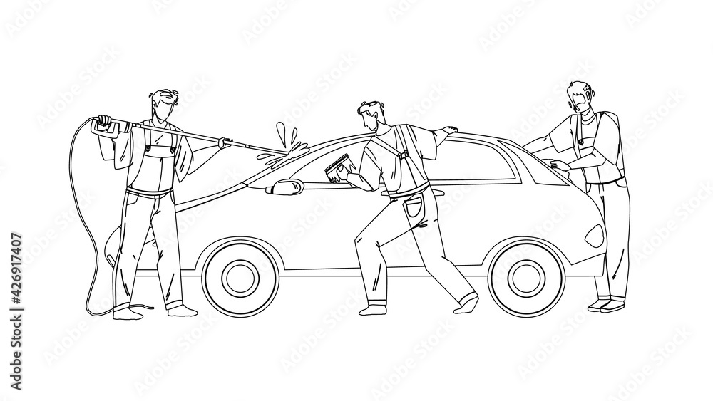 Car Wash Service Workers Washing Automobile Black Line Pencil Drawing ...