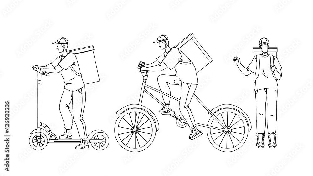 Courier Man Delivery Service Worker Set Black Line Pencil Drawing ...