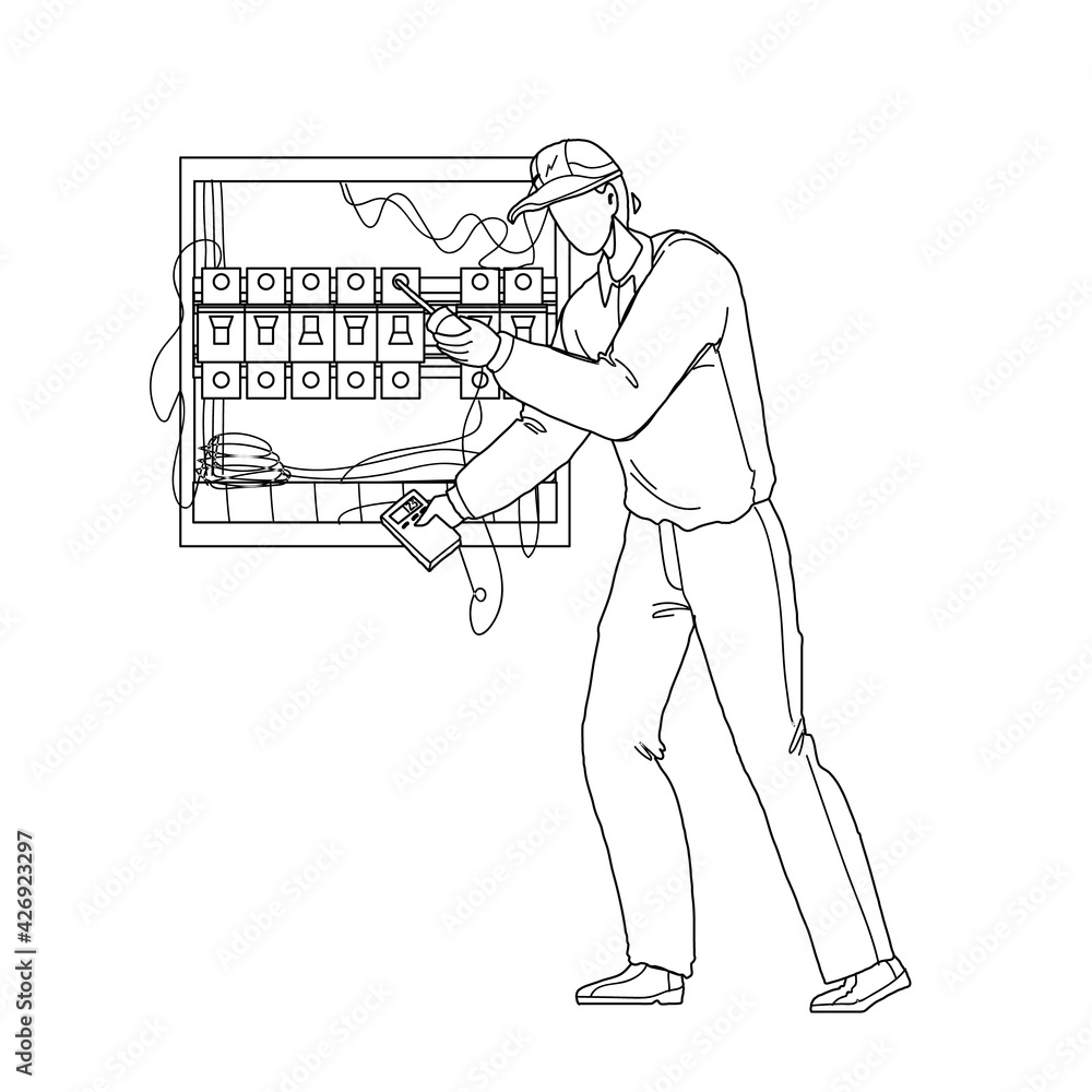 Electrical Engineer Checking Electric Panel Black Line Pencil Drawing ...