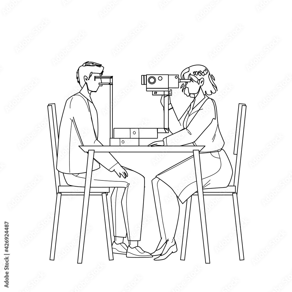 Eye Checking Patient In Doctor Cabinet Black Line Pencil Drawing Vector ...