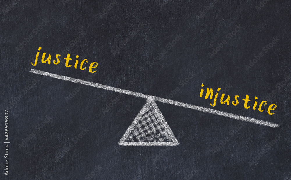 Chalk drawing of scales with words justice and injustice. Concept of ...