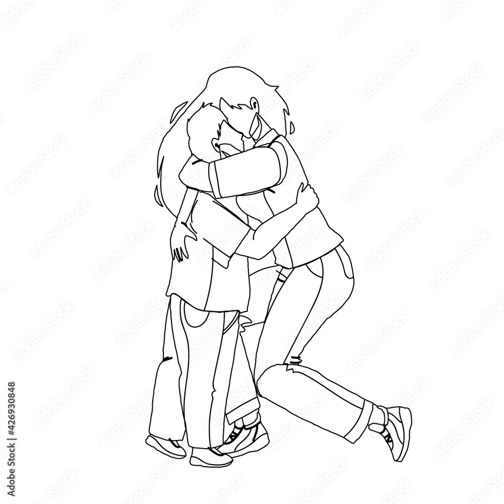 Mother Woman Hugging With Love Baby Son Black Line Pencil Drawing ...
