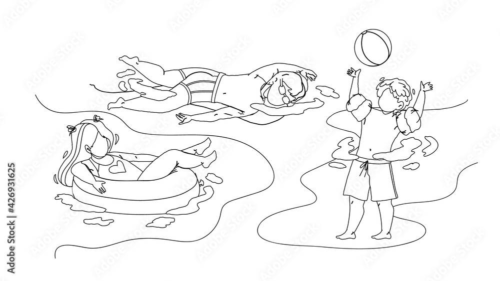 Kids Swimming And Playing In Waterpool Black Line Pencil Drawing Vector ...
