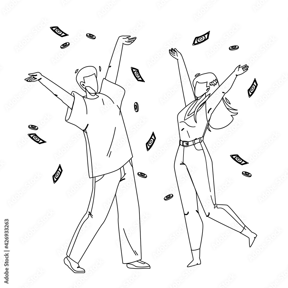 Under Money Rain Dancing Man And Woman Black Line Pencil Drawing Vector ...
