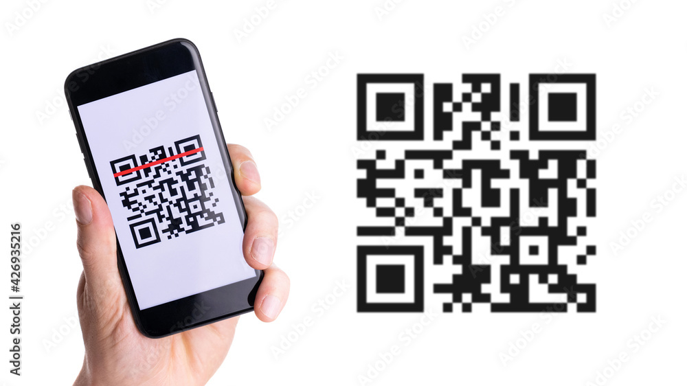 Qr code payment. Hand holding digital mobile smart phone with qr code ...