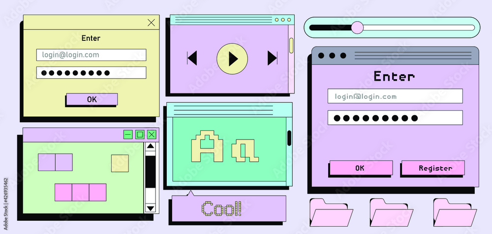 Set of flat retrowave UI and UX elements: dialog box, tab, button ...