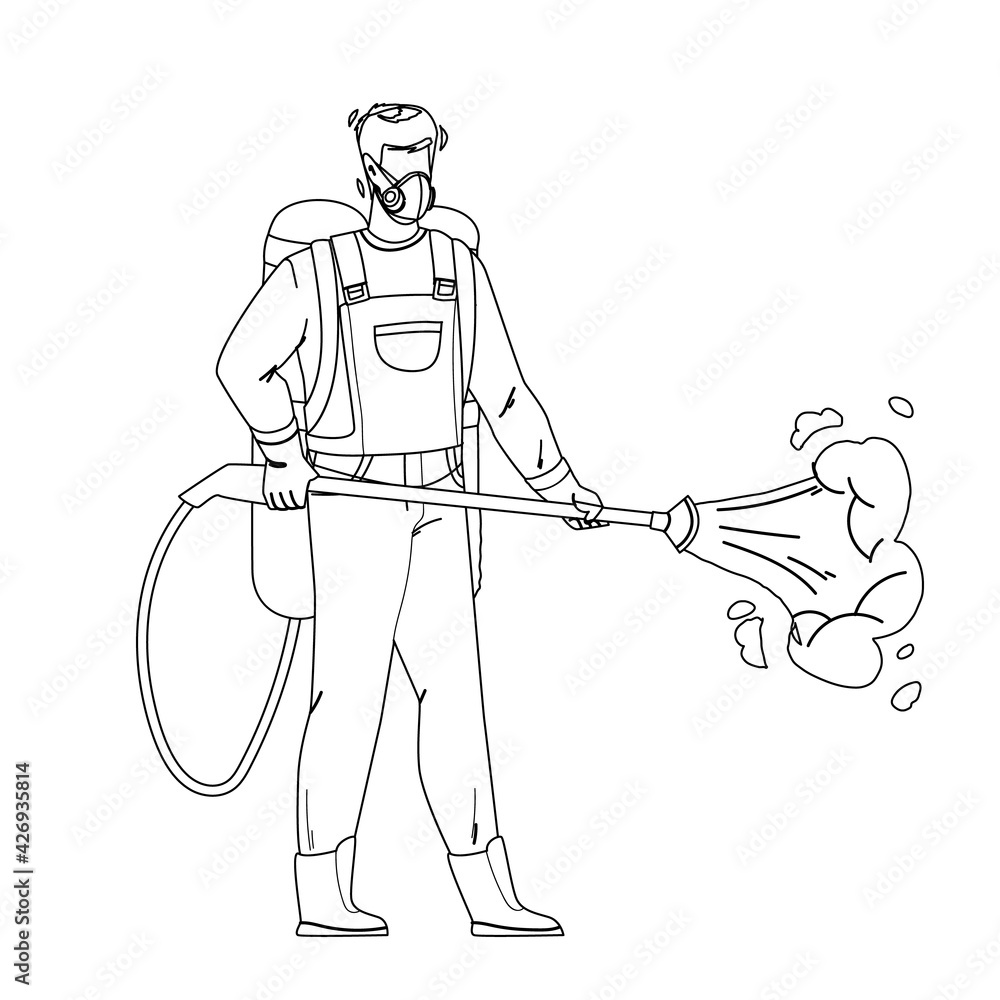 Vetor de Pest Control Worker Spraying Pesticides Black Line Pencil ...