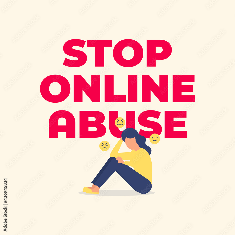Stop online abuse text with sad woman sitting alone. Social media ...