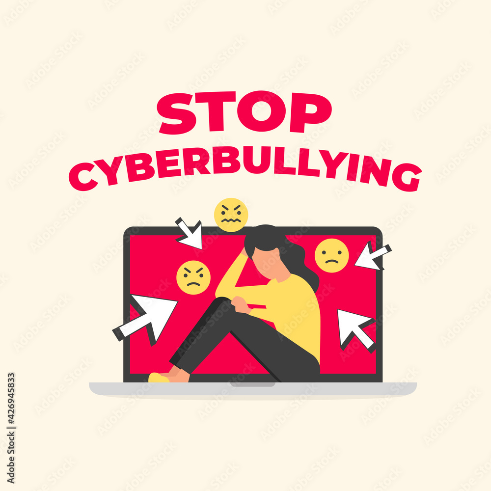Stop Cyberbullying text with sad woman sitting on laptop. Social media ...