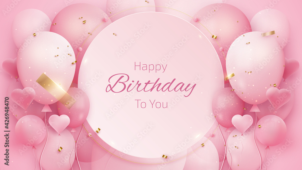 Birthday card background with balloons and gold ribbon. 3d luxury ...