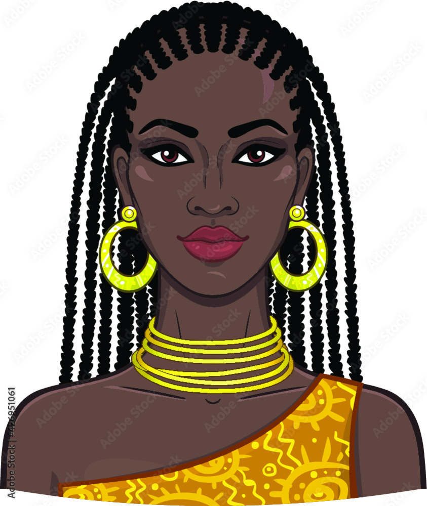Animation portrait of the young beautiful African woman. Color drawing ...