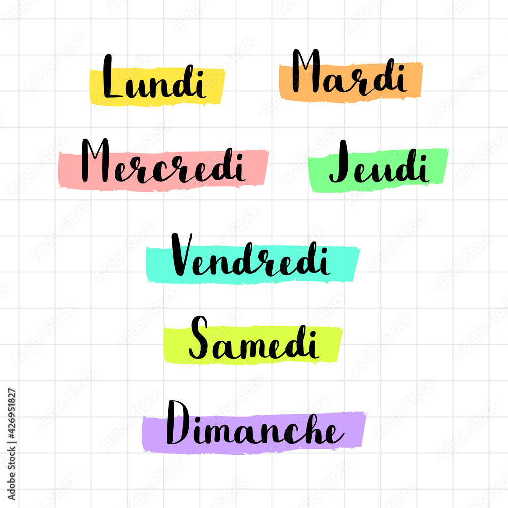 Handwritten names of the days of the week in French. Monday, tuesday ...