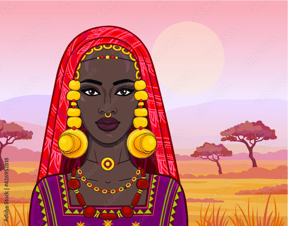Animation portrait of the beautiful African girl in ancient clothes ...