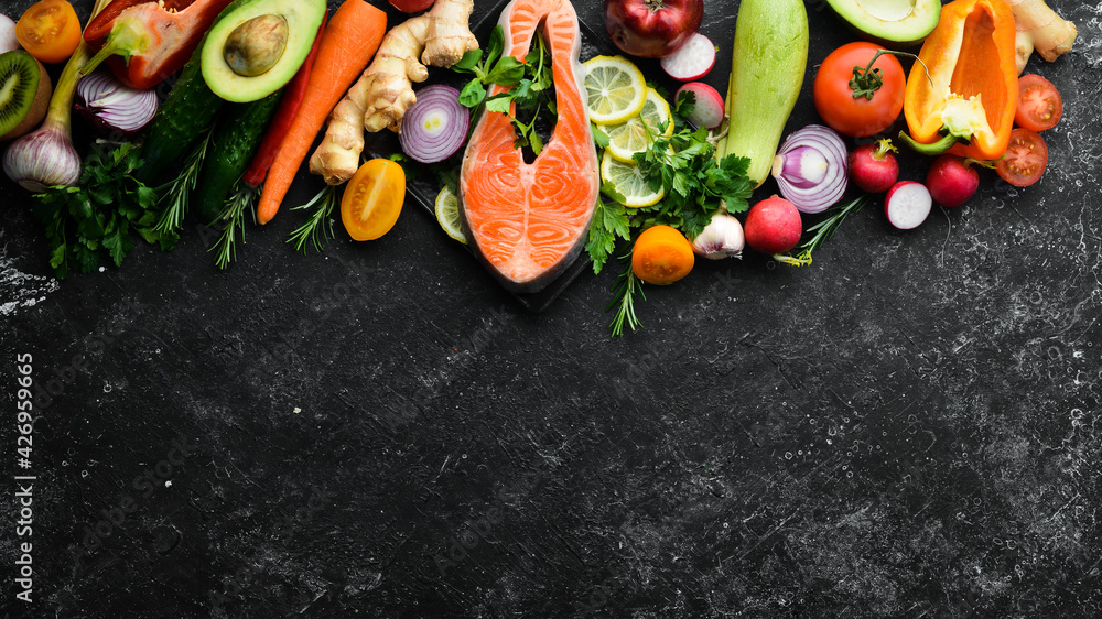 Healthy food menu: fish meat, vegetables and fruits. Diet menu. Stock ...