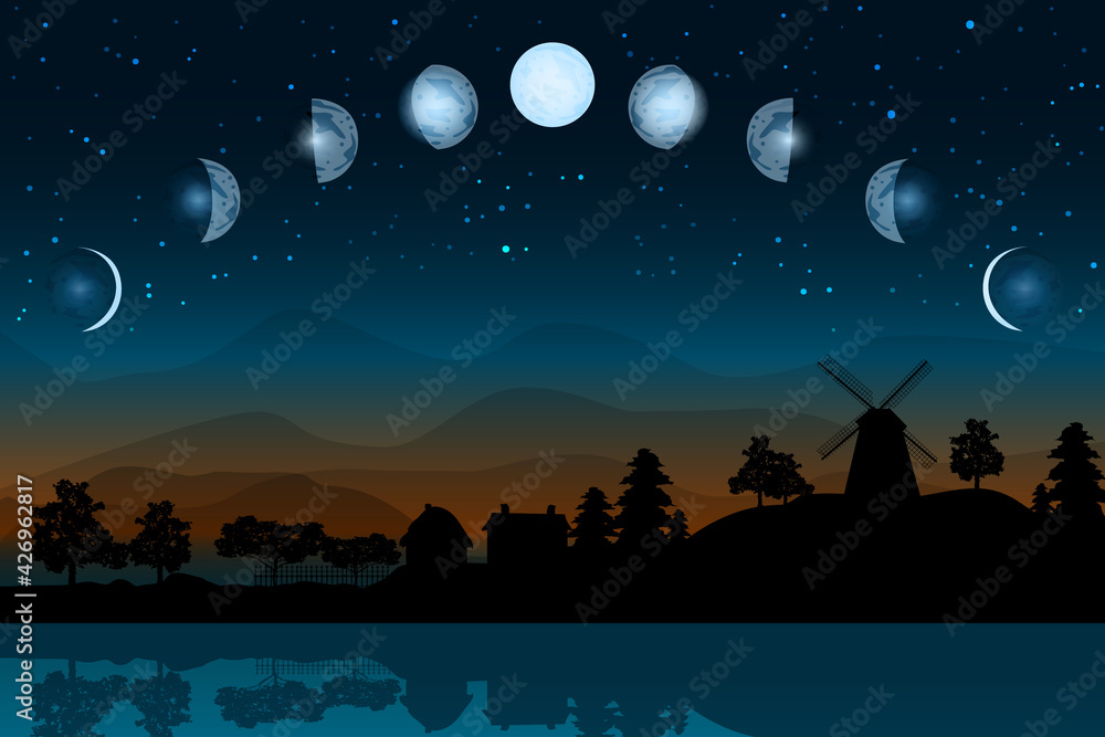 Vetor do Stock: Cartoon moon phases. Whole cycle from new moon to full ...
