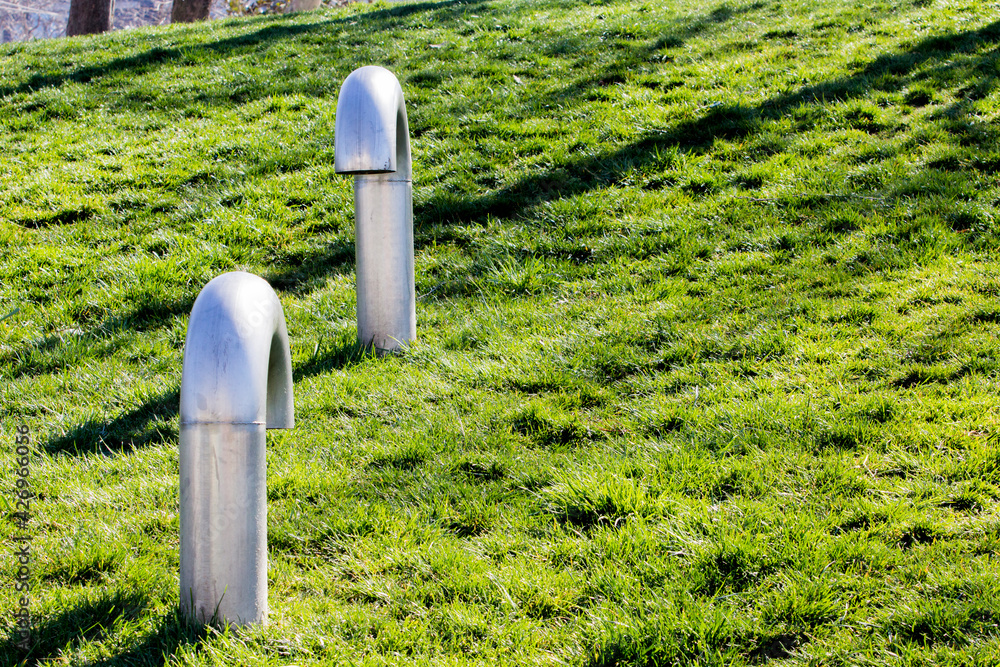 Two metal air pipes functioning for air conditioning of a subway ...