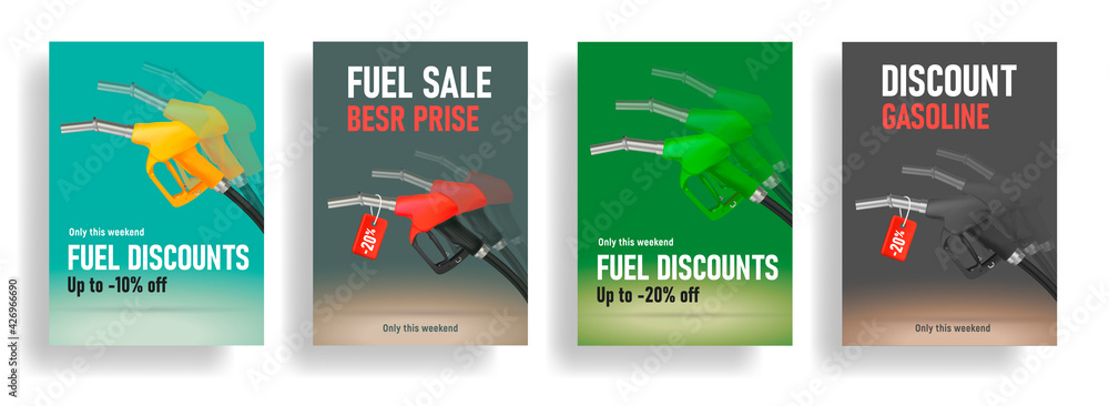Set of posters for gas station with refuelling gun or nozzel in motion ...
