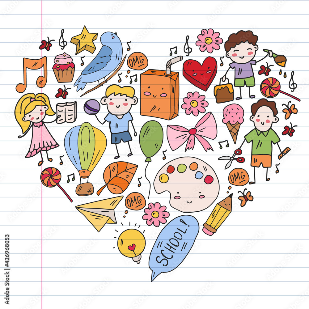Kids drawing Kindergarten School Happy children play Illustration for ...