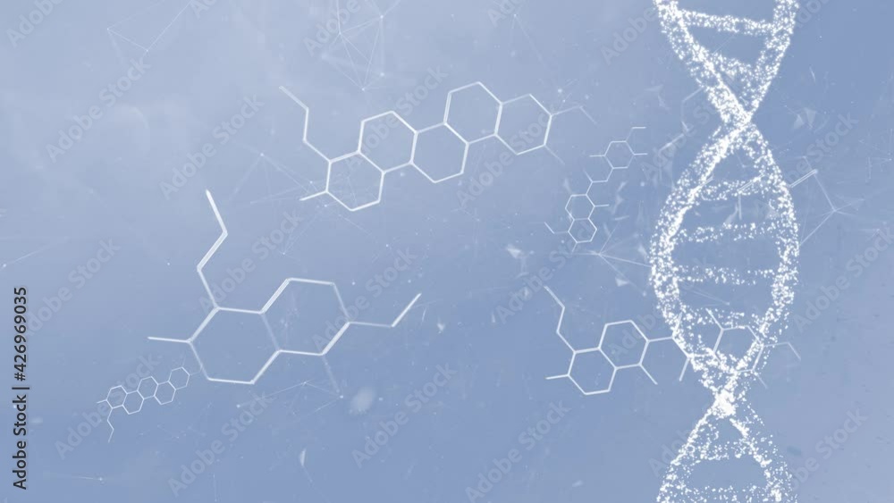 Rotating transparent DNA strand with white chemical structure elements ...