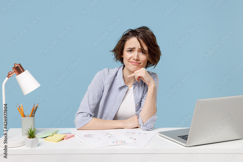 Young confused disappointed troubled sad secretary employee business ...