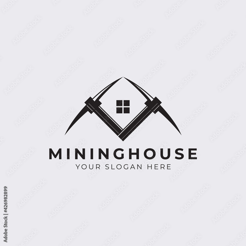 Mining House With Pickaxe Logo Vector Design Illustration Vintage, Gold ...