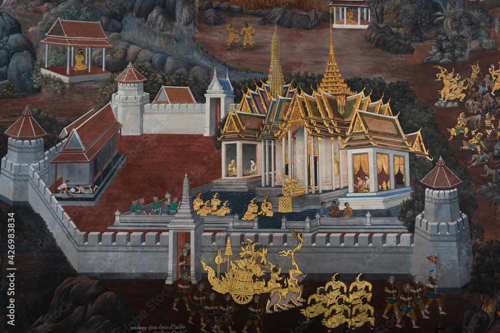 Ancient famous Thai mural wall paintings attached at building along ...