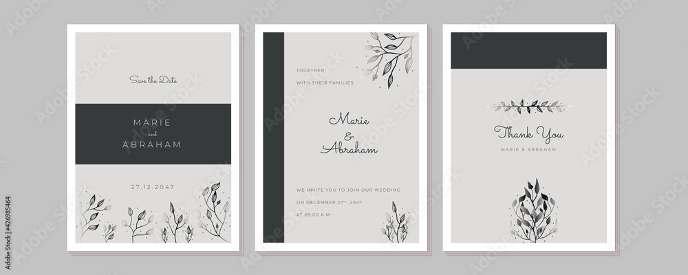 Minimalist wedding invitation card template design, floral black line ...