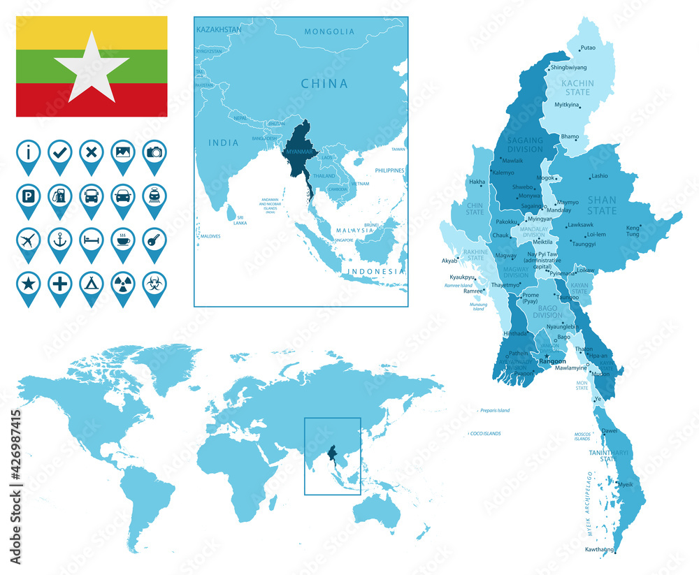 Myanmar detailed administrative blue map with country flag and location ...