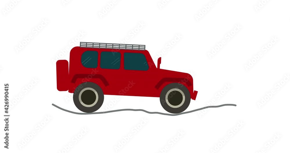Animated red SUV car rides along a road against on white screen. 2D ...
