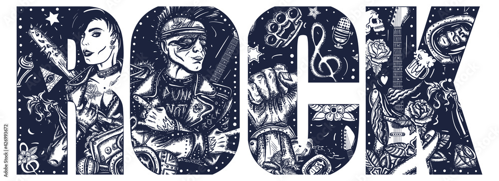 Vecteur Stock Rock slogan. Double exposure lettering. Punker rocker ...