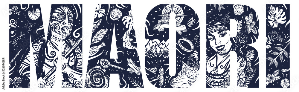 Maori slogan. Double exposure lettering. New Zealand lifestyle. Ethnic ...