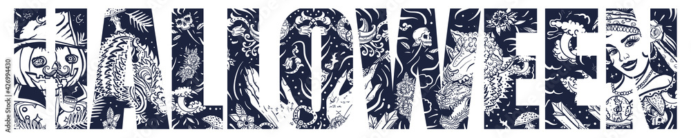 Halloween slogan. Double exposure lettering. Witch woman, Jack O ...