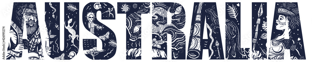 Australia slogan. Double exposure lettering. Typography art. Tattoo ...