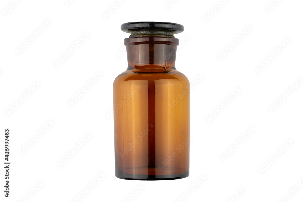 Medical flask with a lid of dark brown glass isolated on a white ...