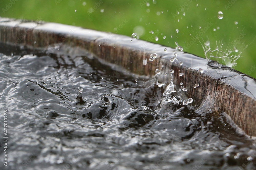 rain is falling in a wooden barrel full of water in the garden Stock ...