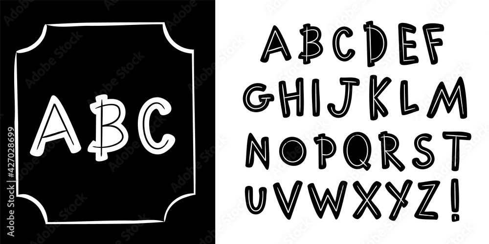 Set of doodle black and white letters. Hand drawn alphabet for design ...