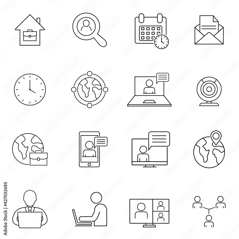 Remote work outline vector icons isolated on white background. Line ...