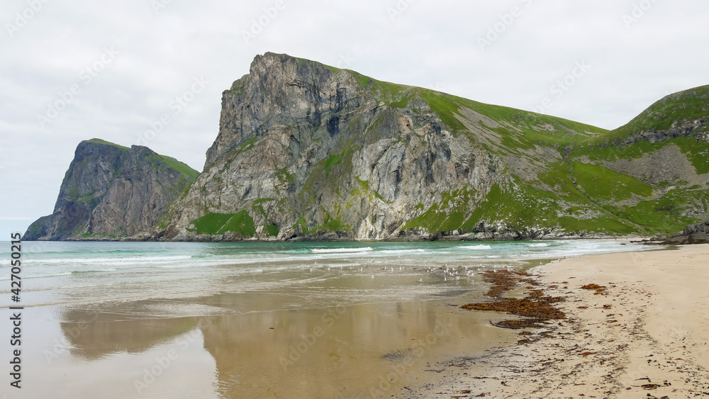 View at the Kvalvika - Nordvika beach in the Lofoten in Norway. The ...
