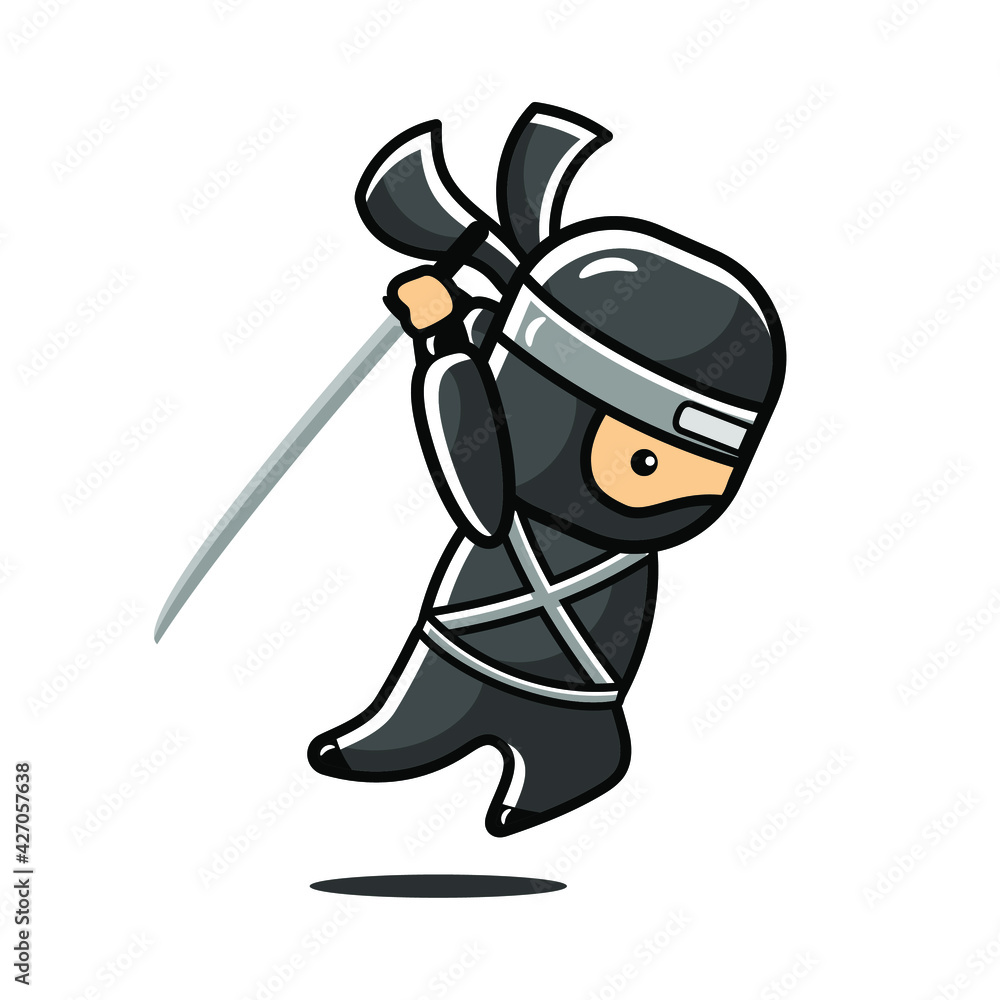 little cartoon black ninja jump and attack with sword Stock Vector ...