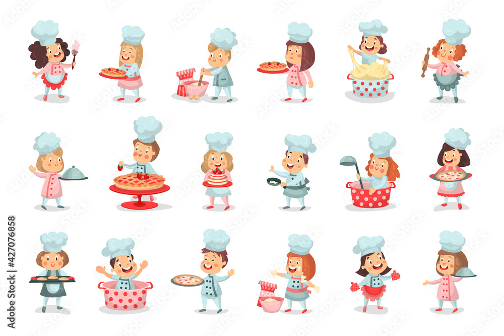 Little Boy ans Girl Characters in Chef Uniform Baking Pastry and ...