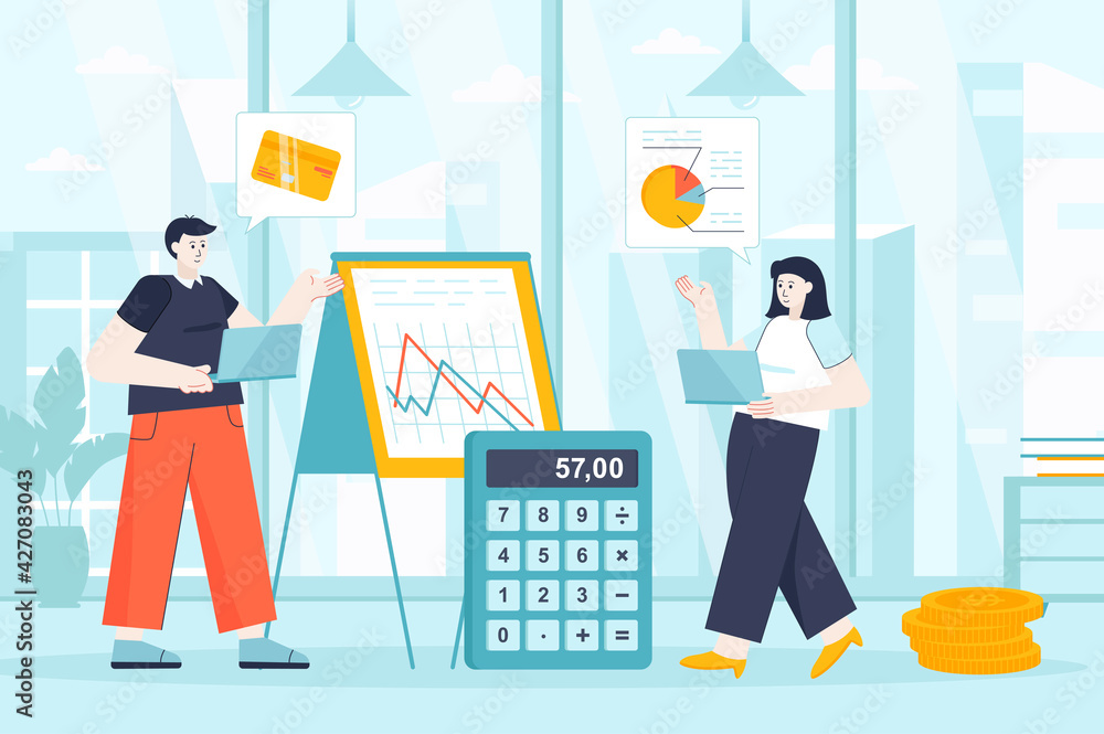 Financial management concept in flat design. Employees work in office ...