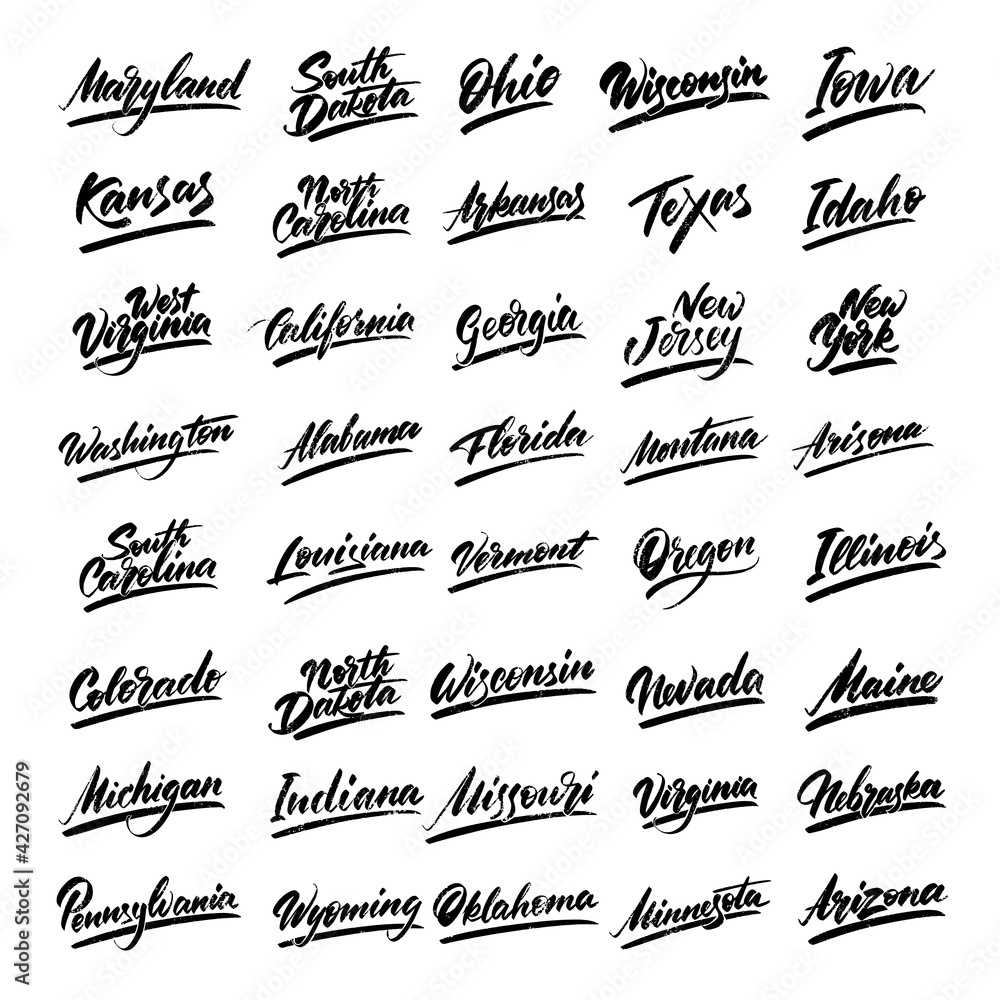 Set of lettering names of the states of America. Handwritten English ...